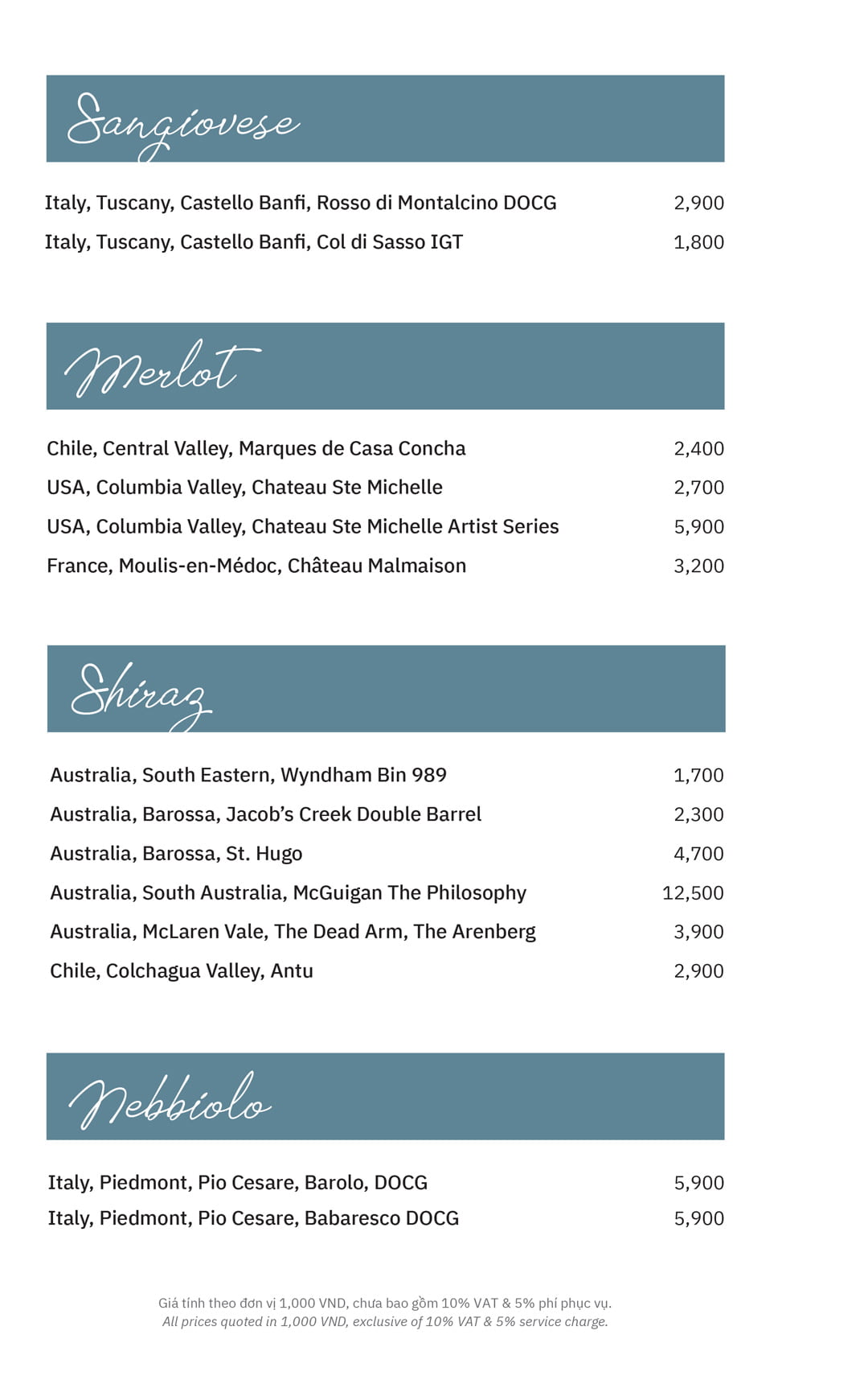 Menu – ROS Yacht Club